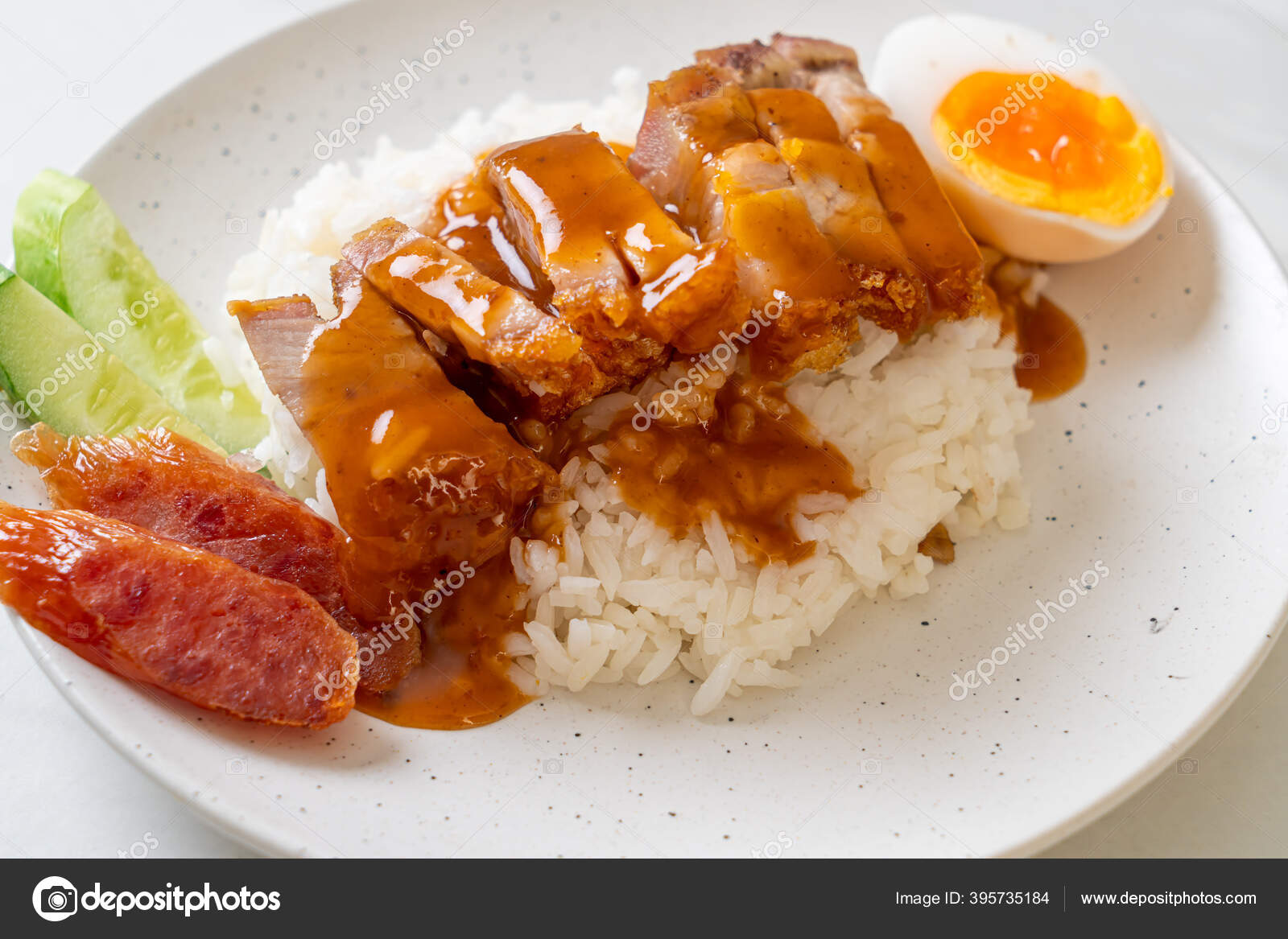 Crispy Belly Pork Rice Barbecue Red Sauce Stock Photo by ©topntp 395735184