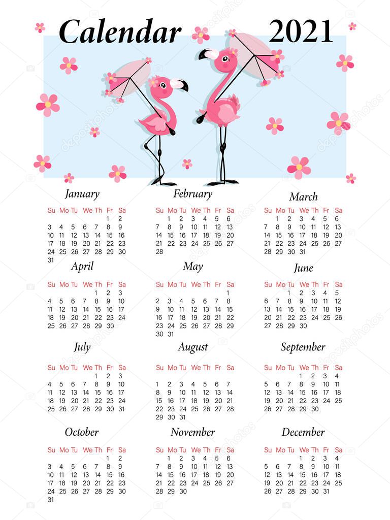 Flamingo. Calendario. Vector del calendario del bebé 2021. Personaje de ...