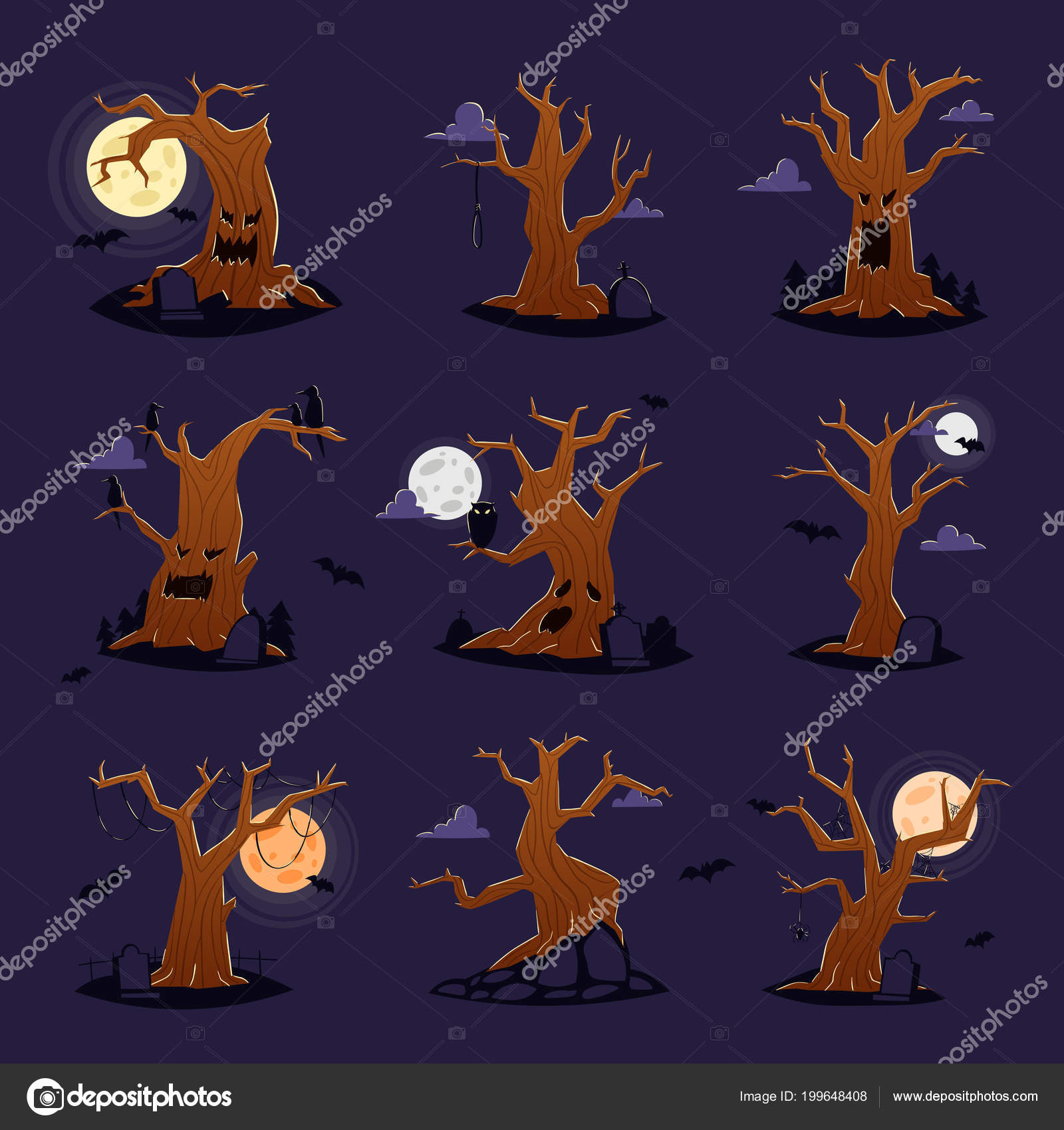 Halloween tree vector scary character treetops of horror in spooky ...