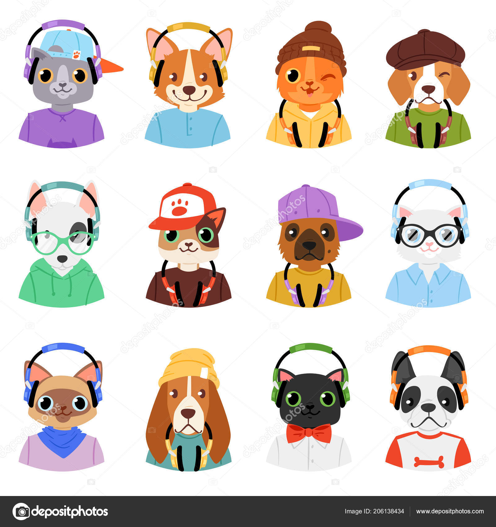 Animal in headphones vector animalistic character cat or dog in ...