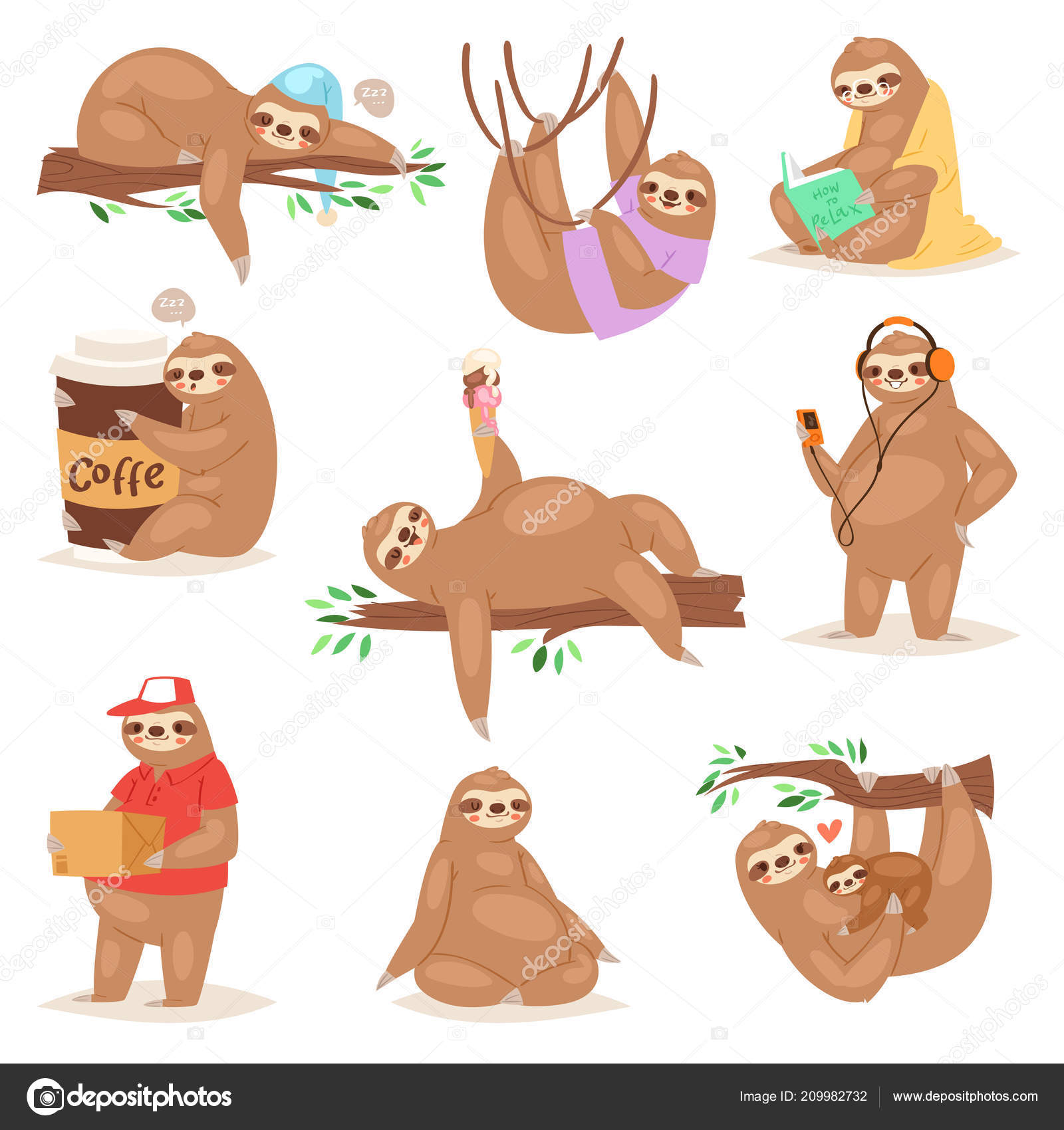 Sloth vector slothful animal character playing or sleeping in ...