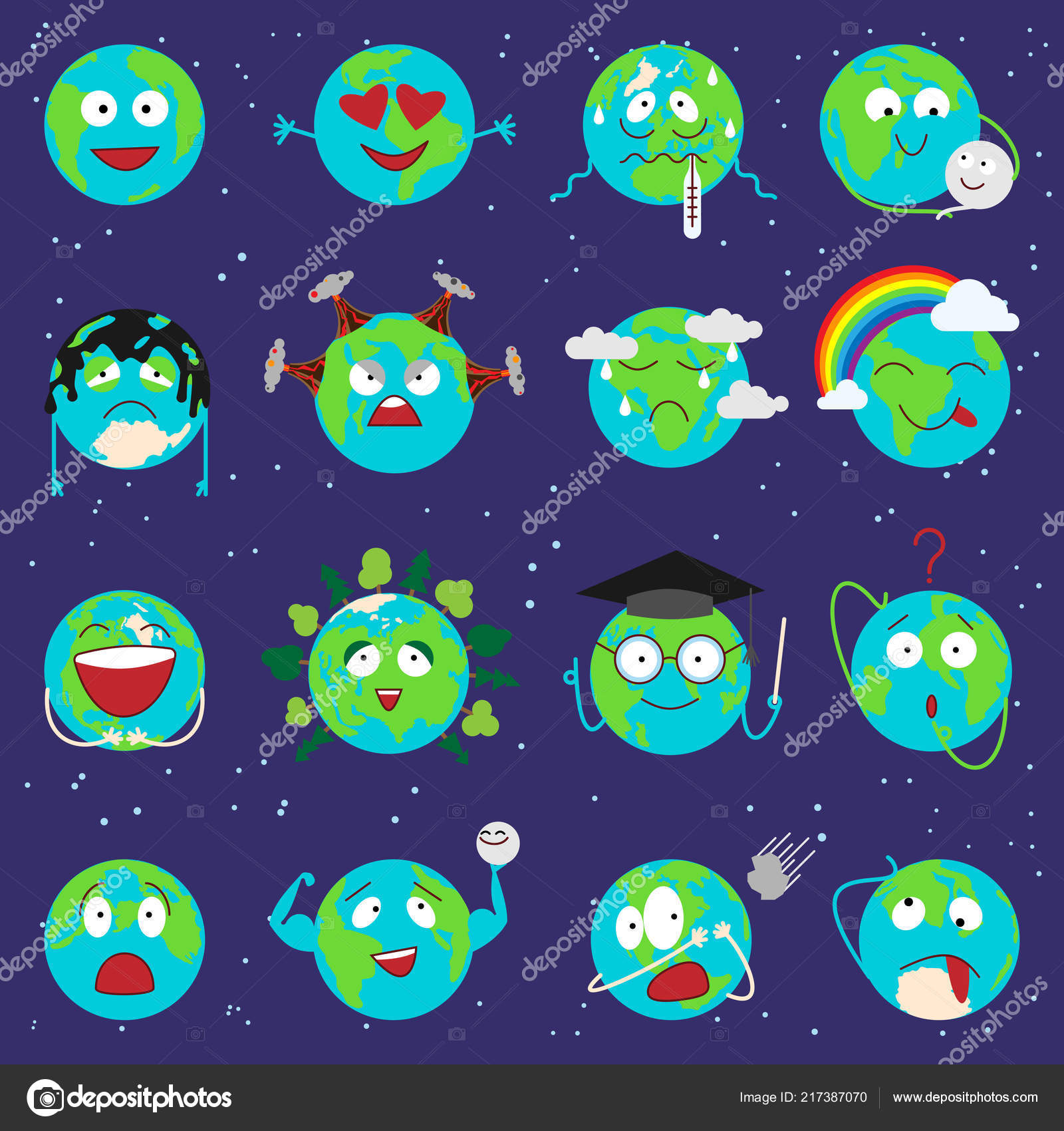 Cartoon globe earth emotion face character expression planet world ...