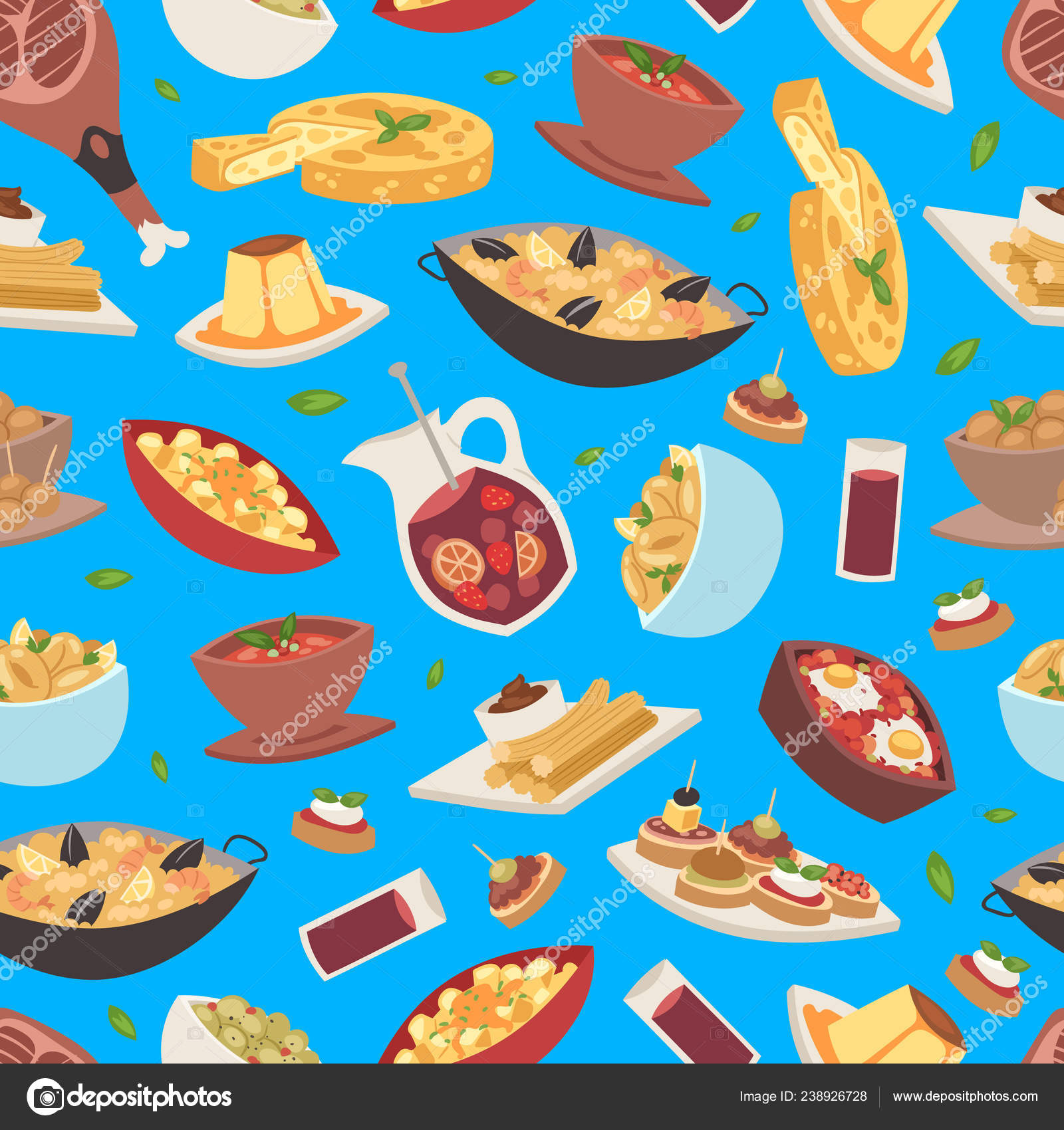 Spanish food vector seamless pattern traditional european cuisine meal ...
