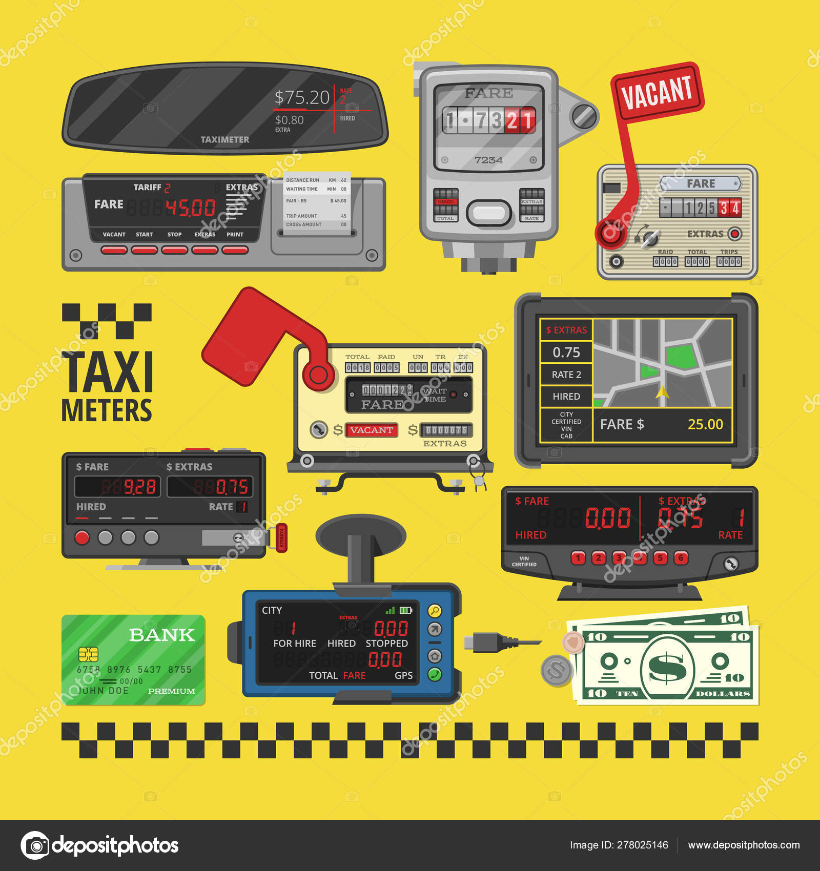 Taximeter vector cab car fare taxi meter device equipment measurement ...