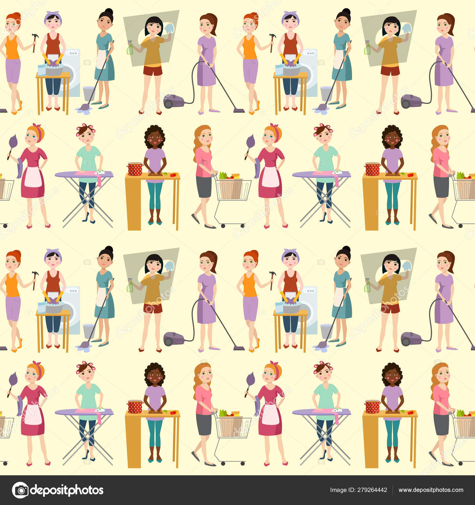 Housewifes homemaker woman cute cleaning cartoon girl seamless pattern ...