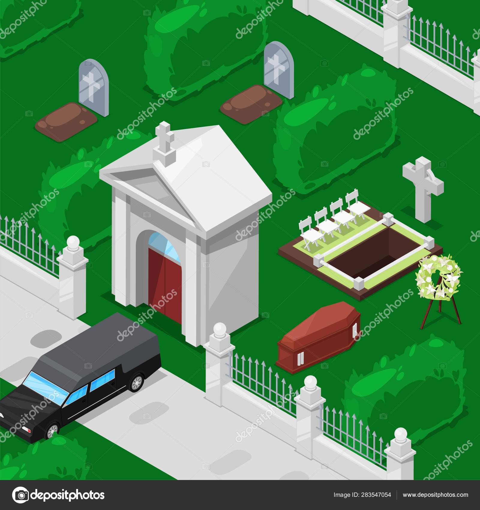 Funeral and cemetery isometric vector illustration. Include church ...