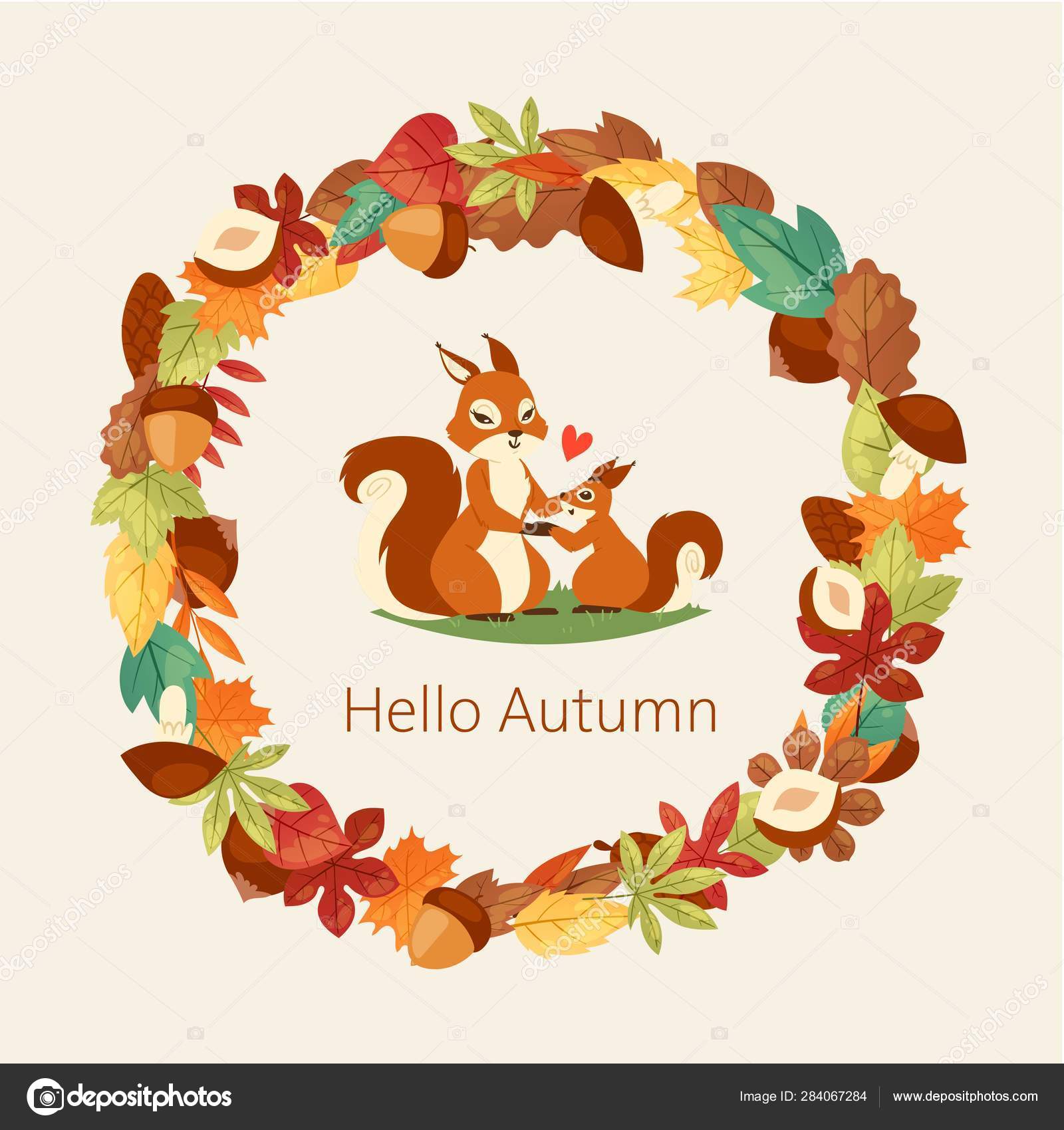 Squirrels surrounded with autumn leaves, branches, acorns, nuts and ...