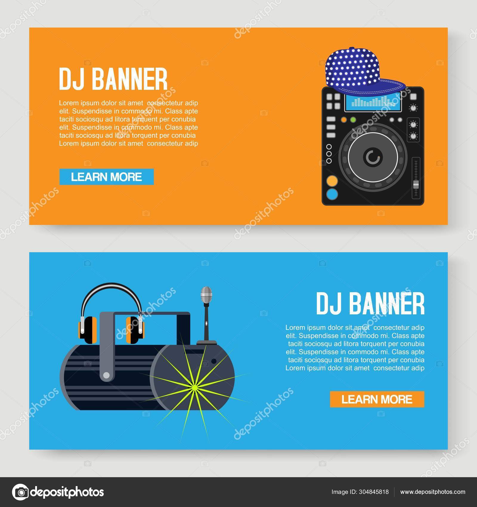 DJ music vector illustration. Music party two banners set. Web dj s ...