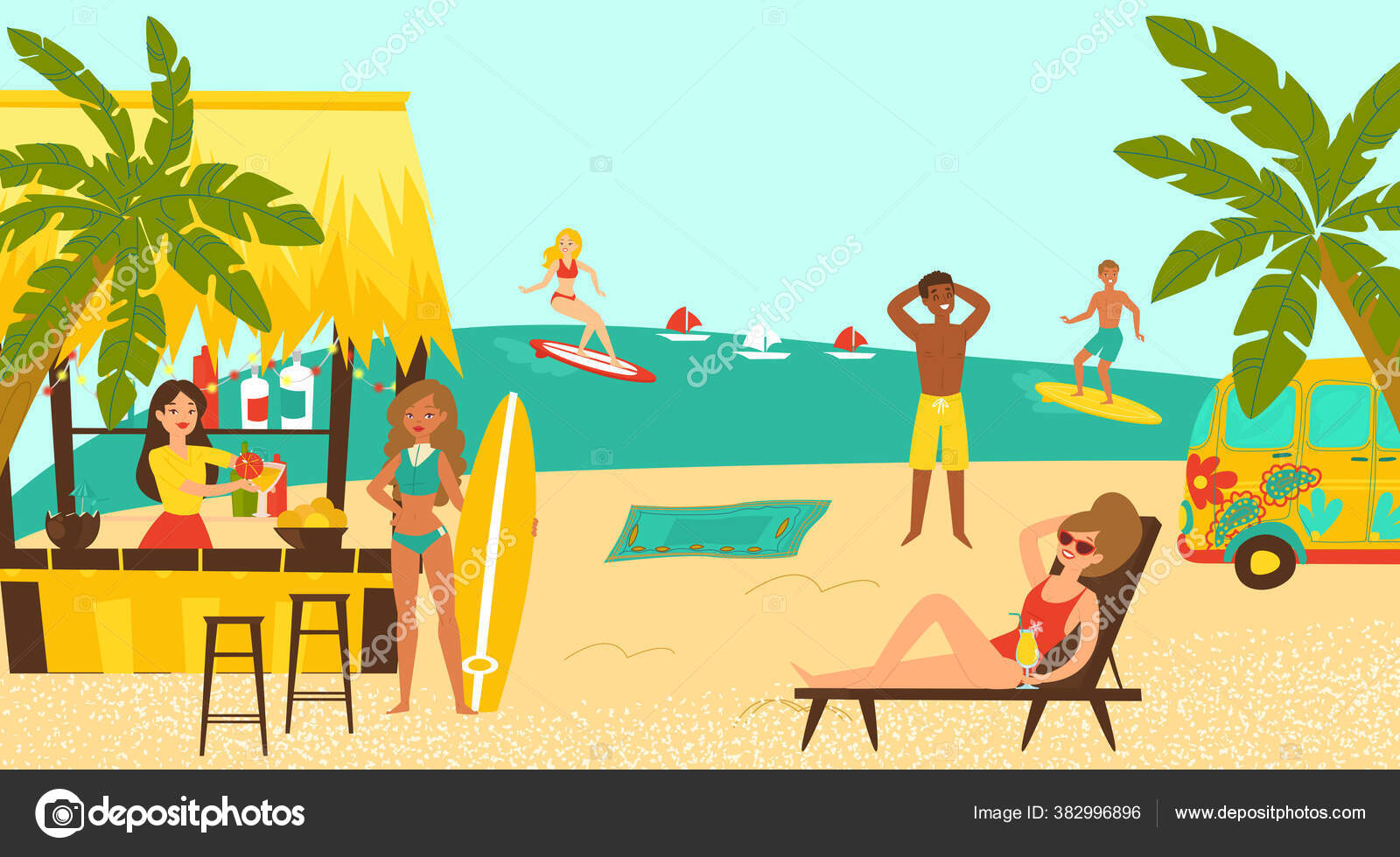 Beach party surf coastal, female male character surfing tropical ...