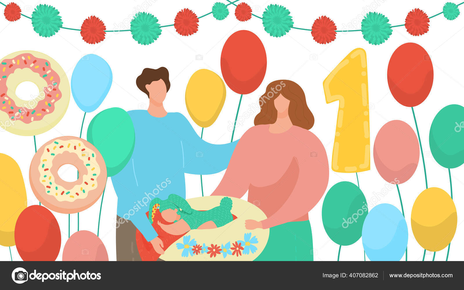 Happy birthday one 1 year vector illustration, cartoon flat family ...