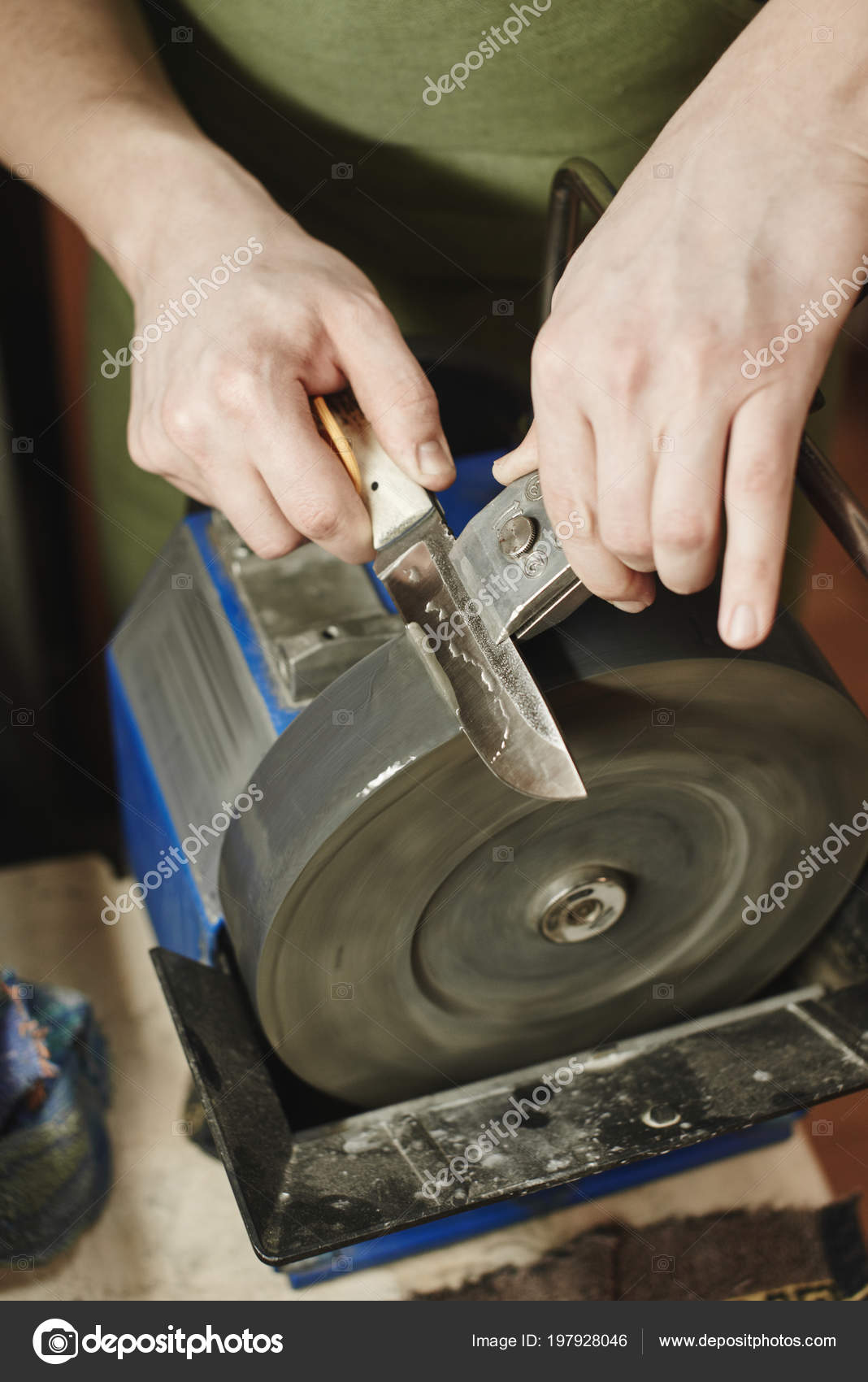 Master Sharpening Blade Machine Close Making Knife Concept Stock Photo ...