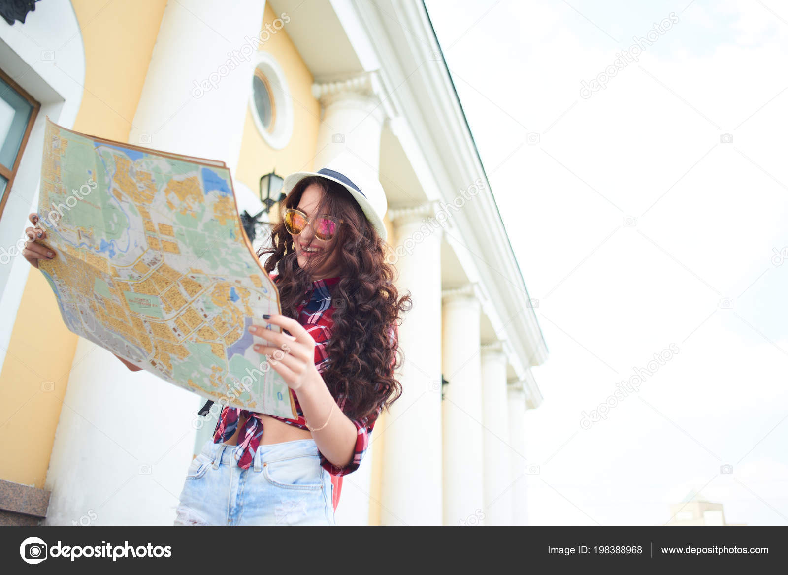 Beautiful Woman Traveling Map Standing Front Old Building Columns ...