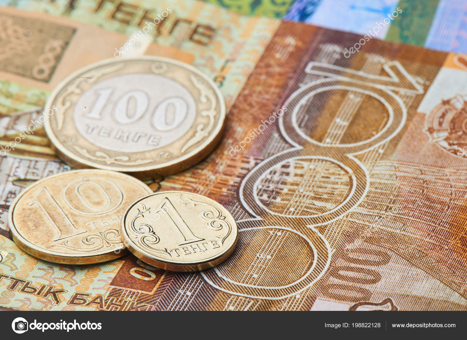 Coins Pile Kazakhstani Tenge Banknotes Close Devaluation Exchange Rate ...