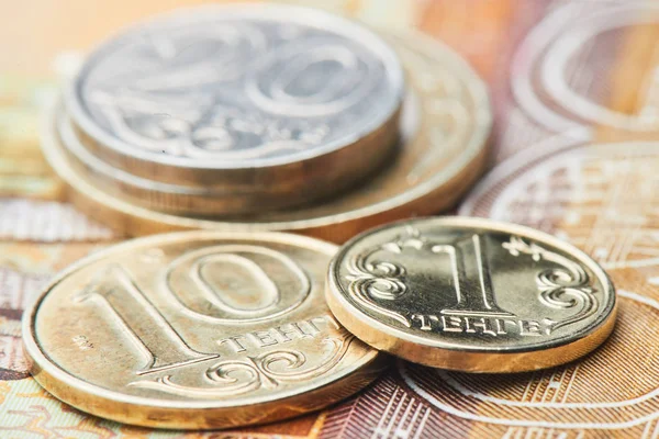 Coins Pile Kazakhstani Tenge Banknotes Close Devaluation Exchange Rate ...