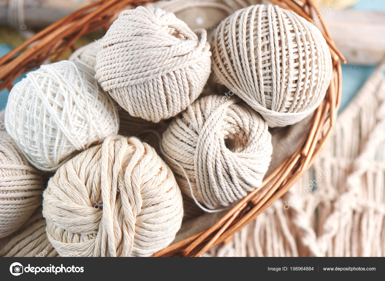 Macrame Threads Basket Wooden Background Close Stock Photo by ...