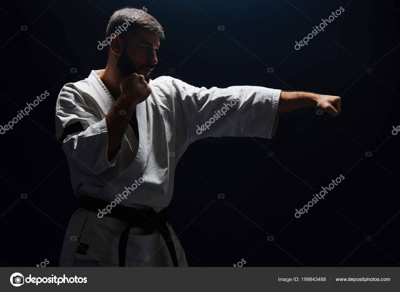 Side View Master Karate Wearing White Kimono Fighting Stance Posing ...
