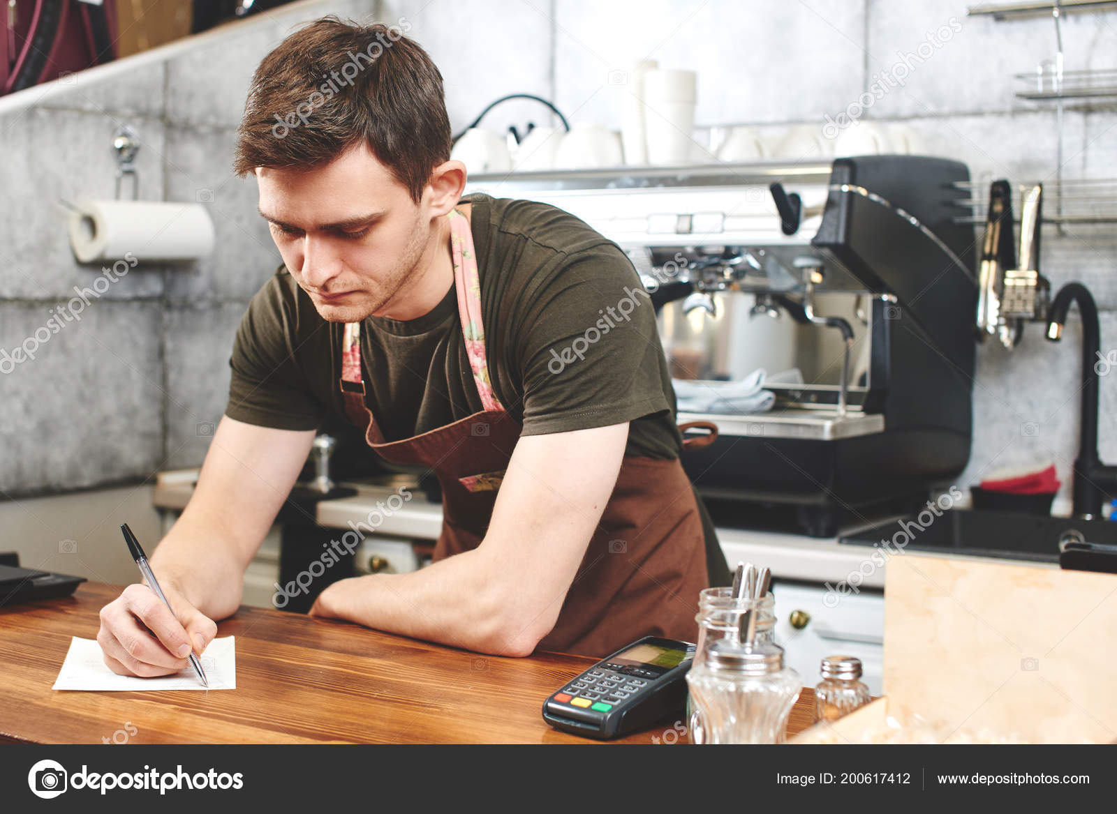 Barista Man Taking Notes White Paper While Standing Workplace Stock ...