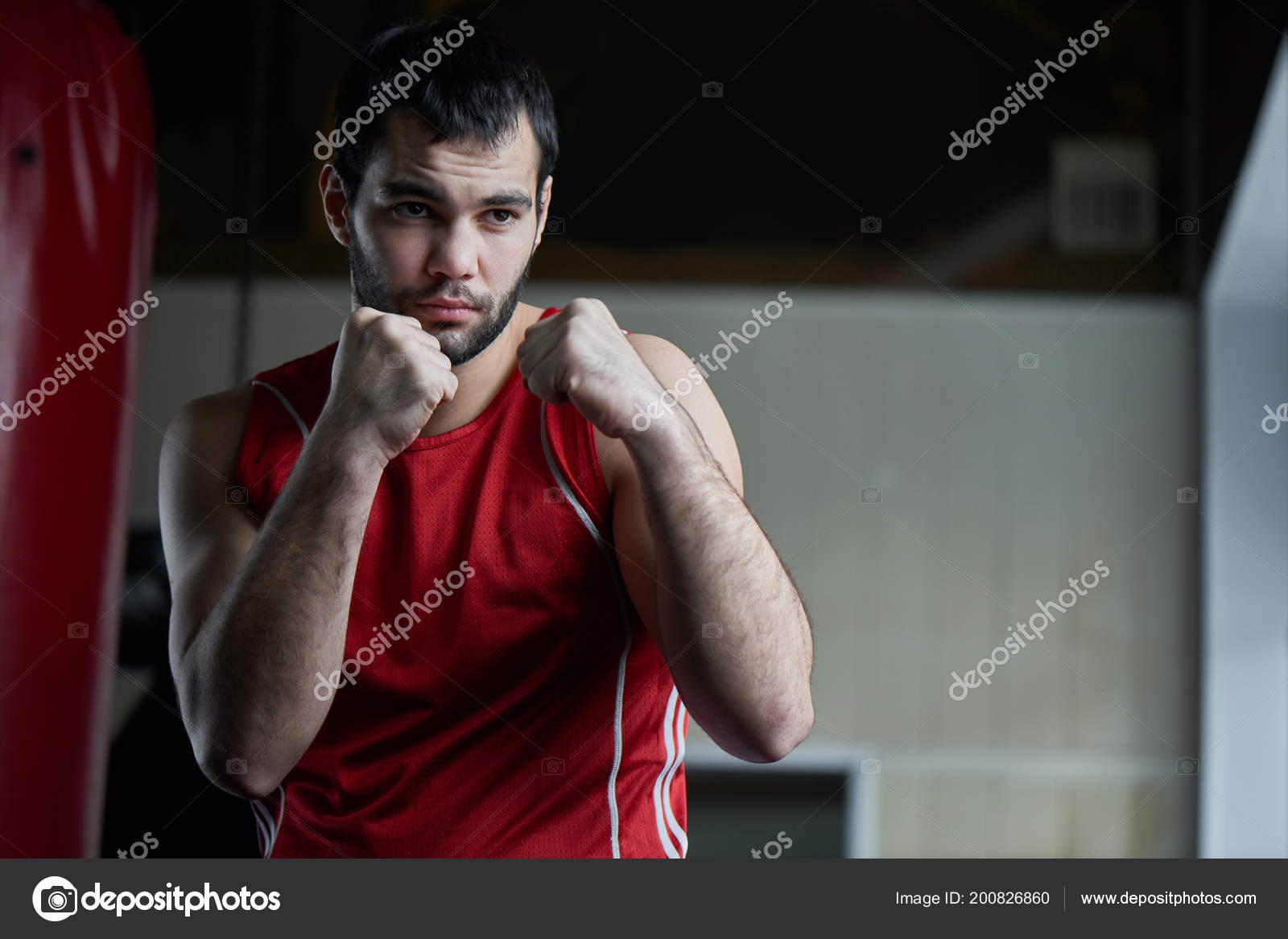 Portrait Aggressive Fighter Boxing Pose Gym Punching Bag Background ...