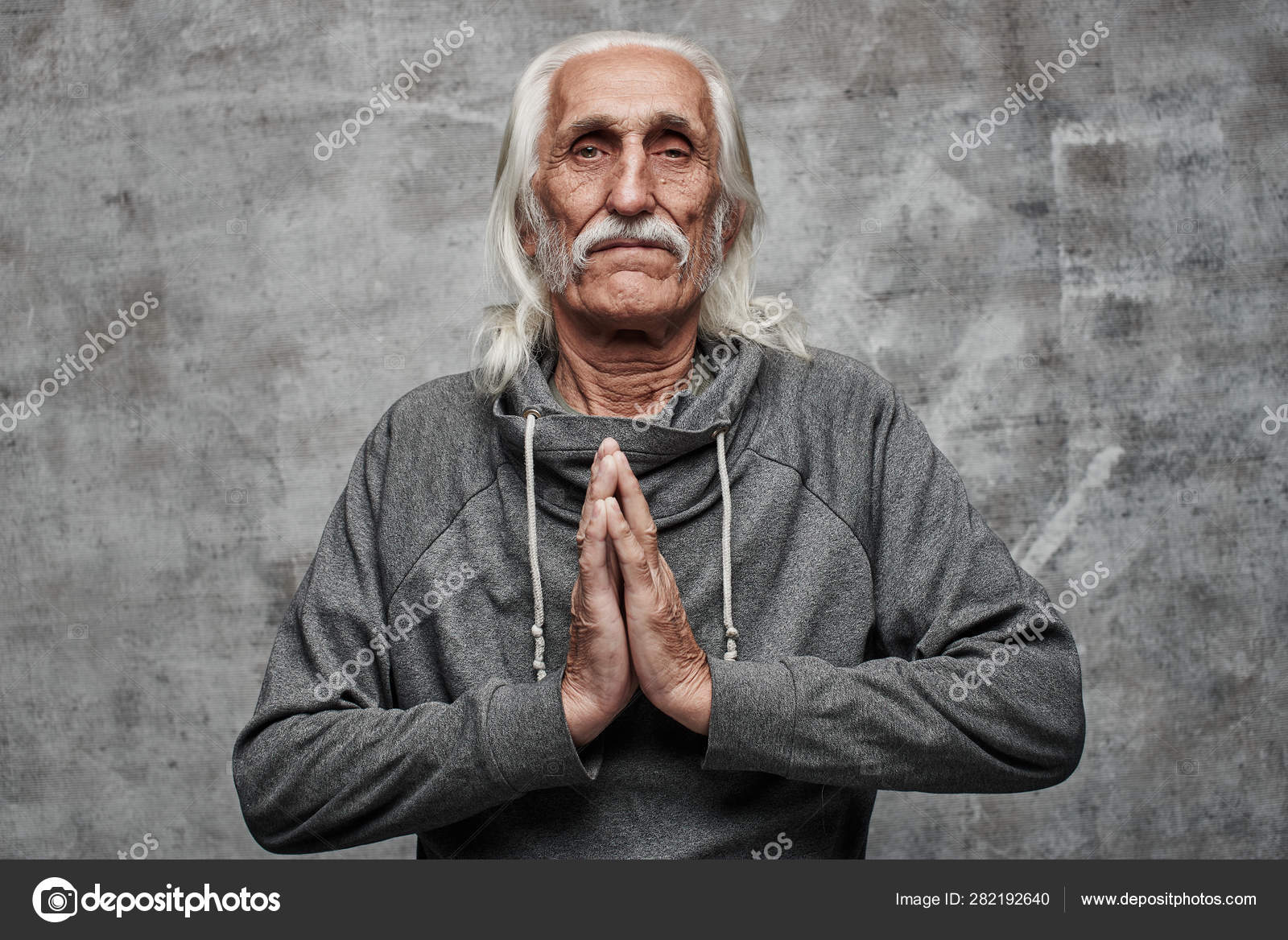 Pacified Gray Haired Grandfather Folded His Palms Prayer Position ...