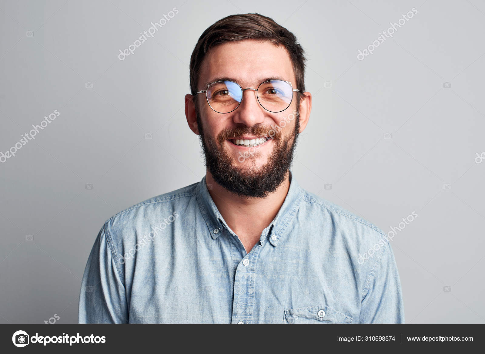 Friendly Face Portrait Authentic Caucasian Bearded Man Glasses Toothy ...