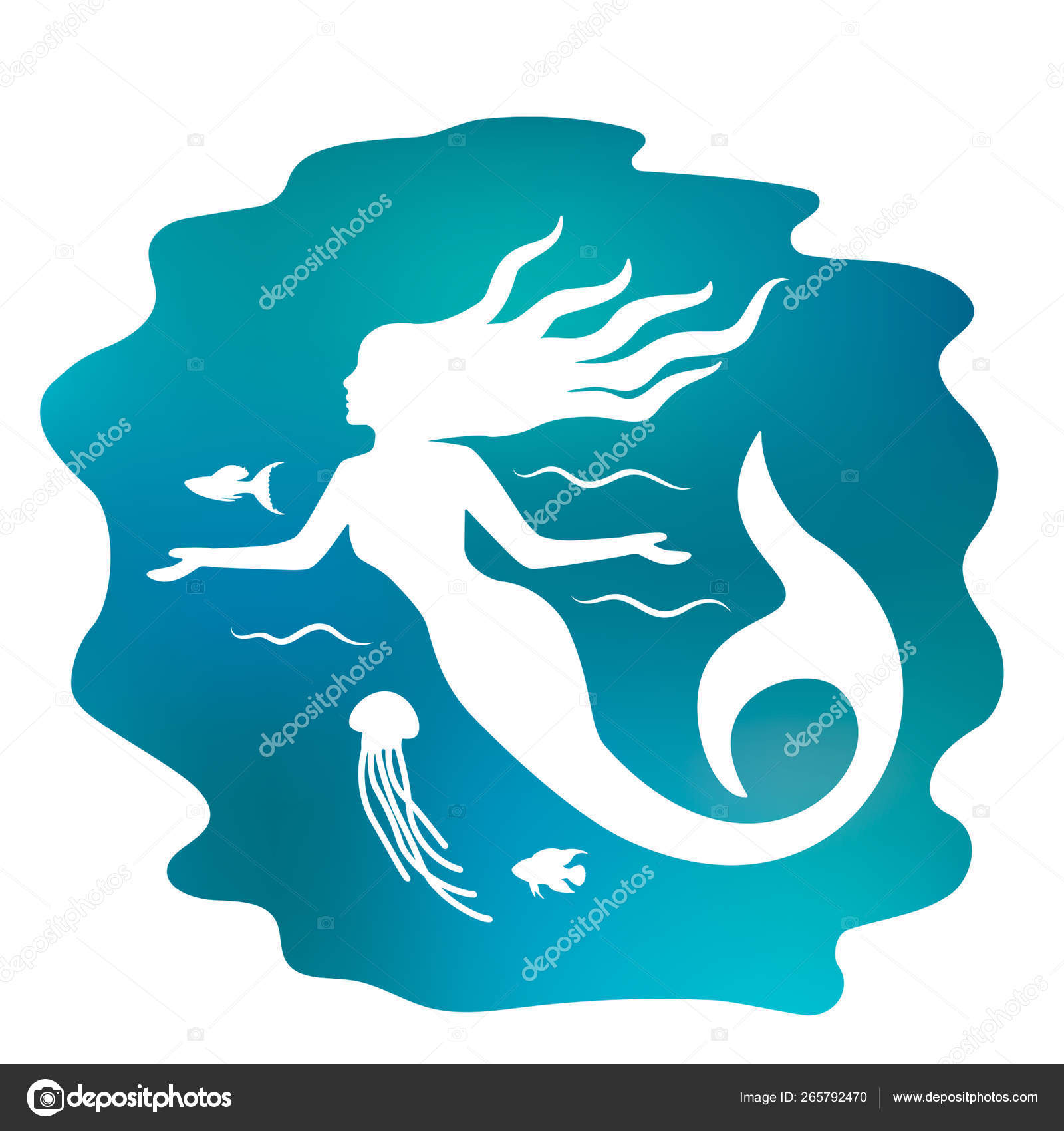 Silhouette av en vakker havfrue med langt hår under vannet. flat ...