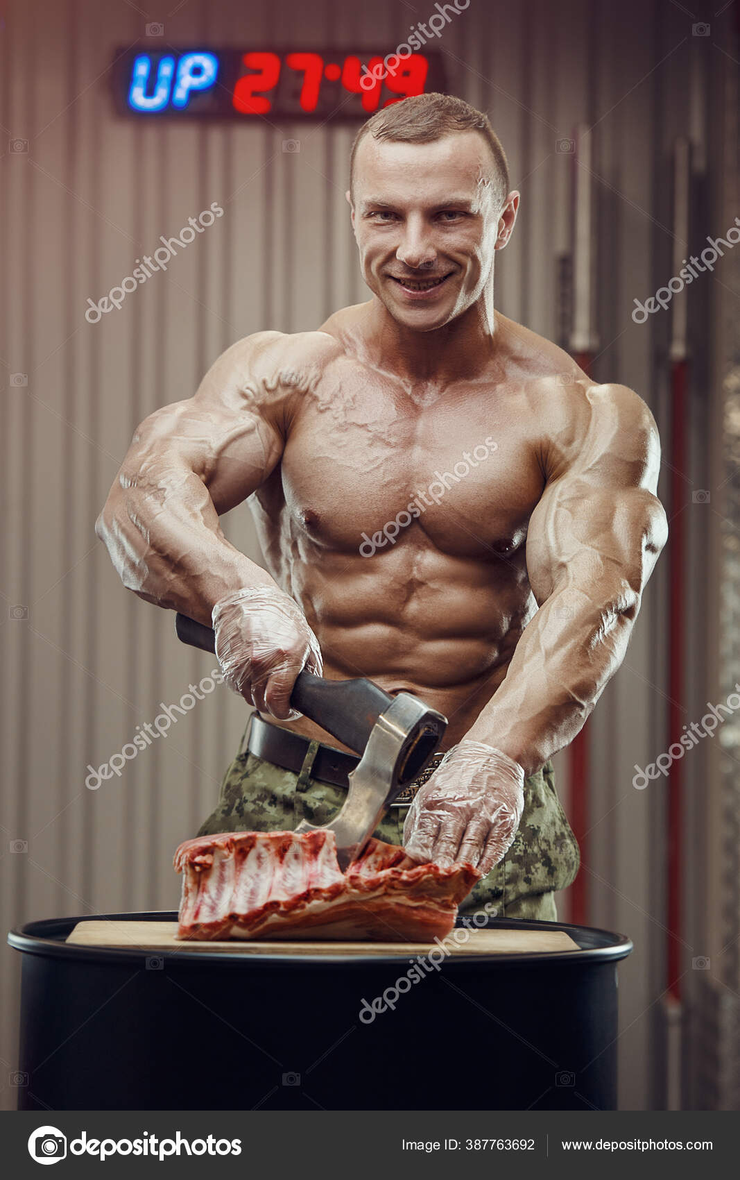 Big Muscle Handsome Pretty Young Blonde Man Violent Butcher Athlete ...