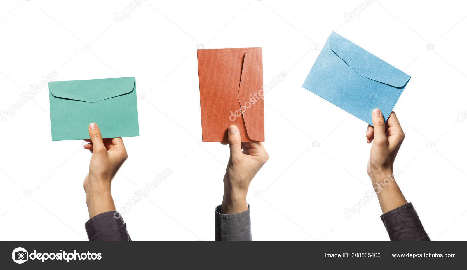 Three Isolated Hands Colored Envelopes White Background Stock Photo by ...