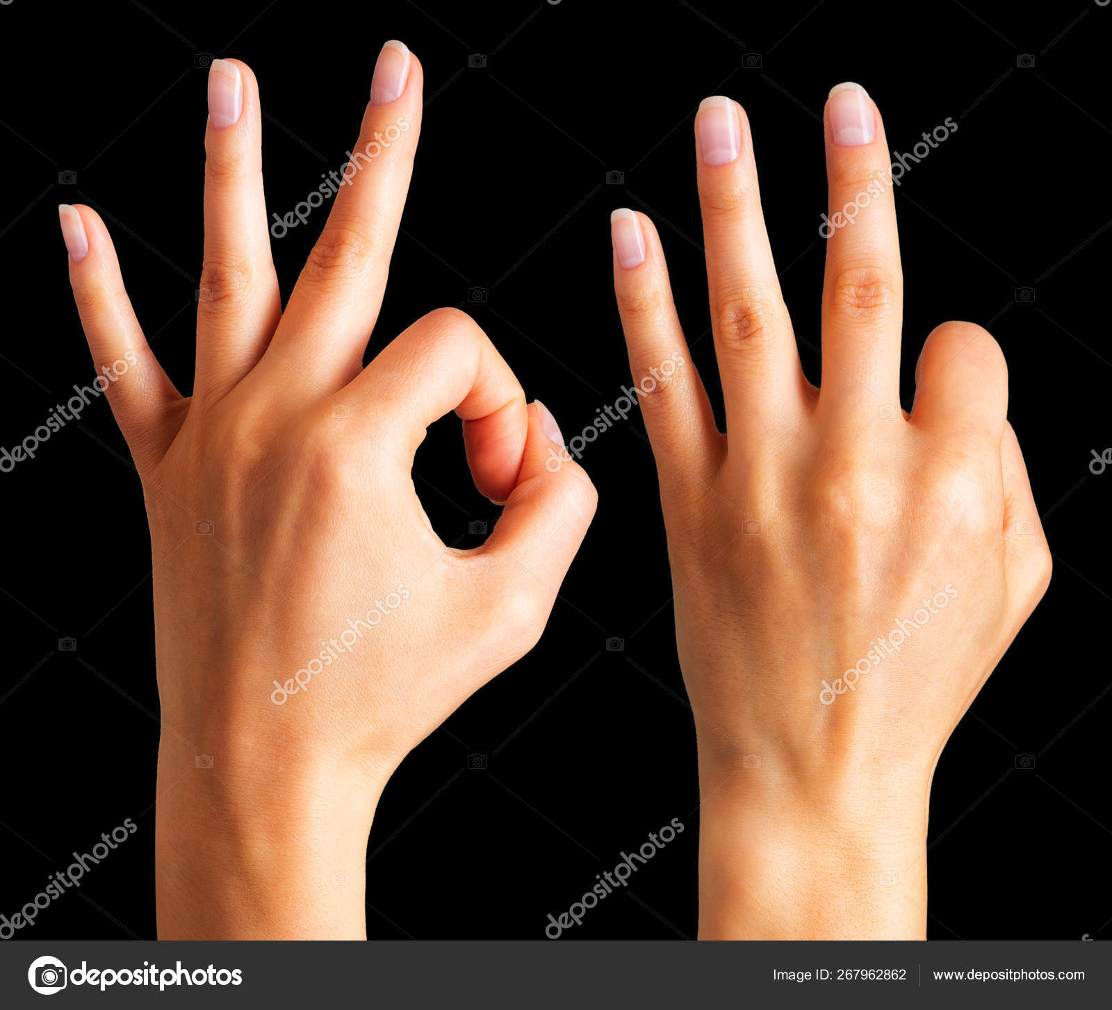 Woman hands holding gesture of okay and showing three fingers — Stock ...