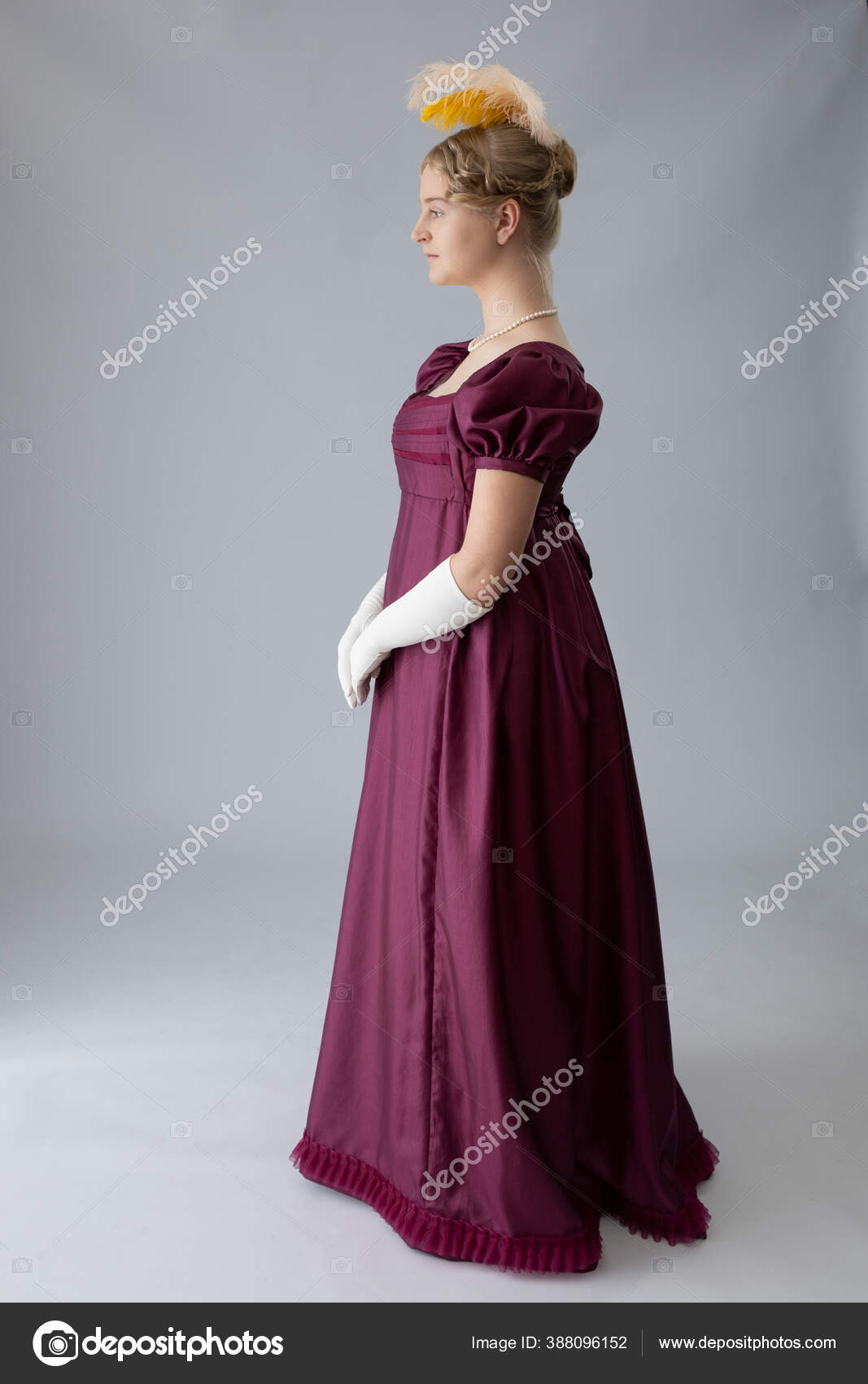 Regency Woman Plum Colored Evening Gown Feathers Her Hair — Stock Photo ...