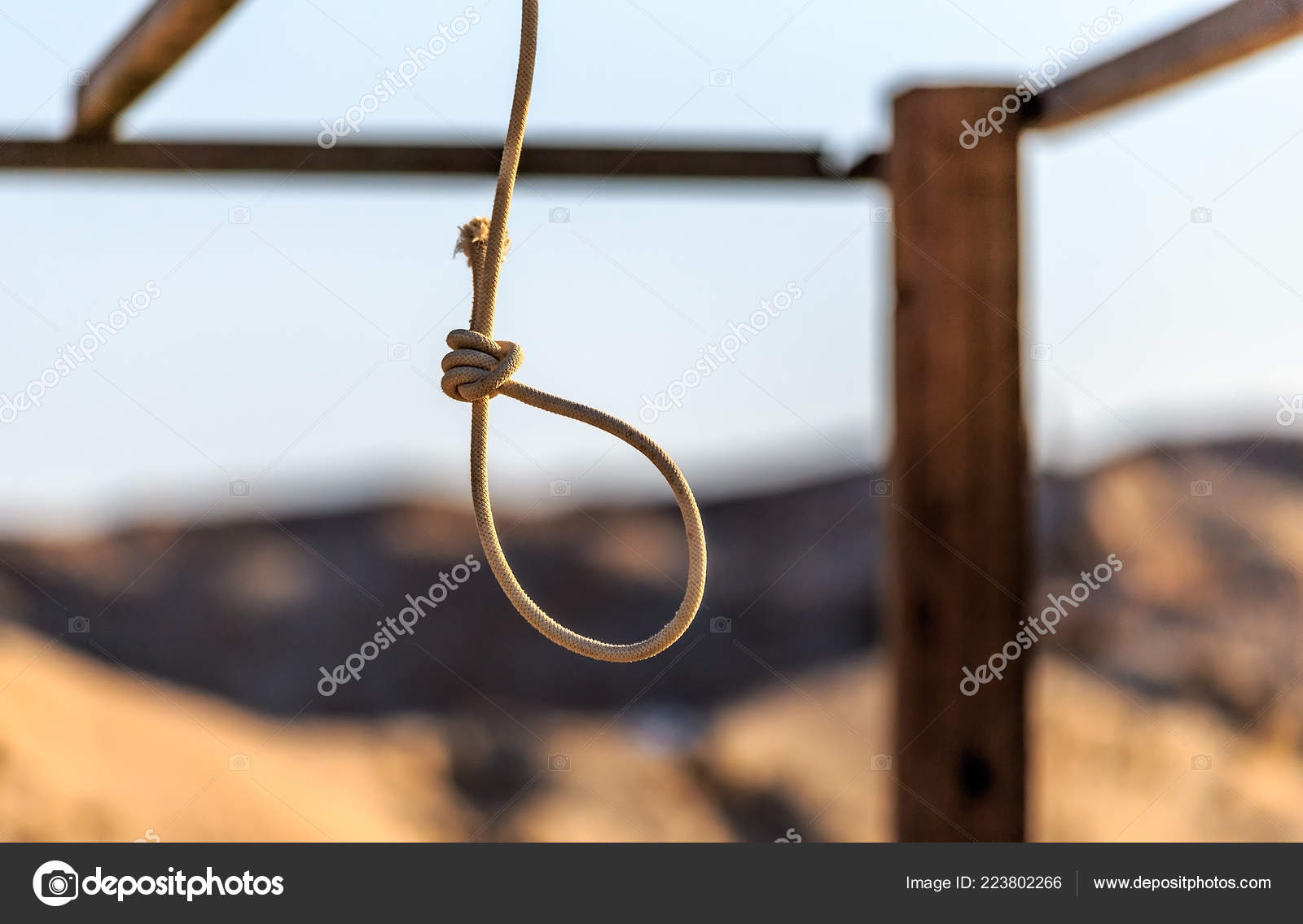 Rope Noose Hanging Outdoors Sandy Wilderness Sunny Blue Sky Background ...