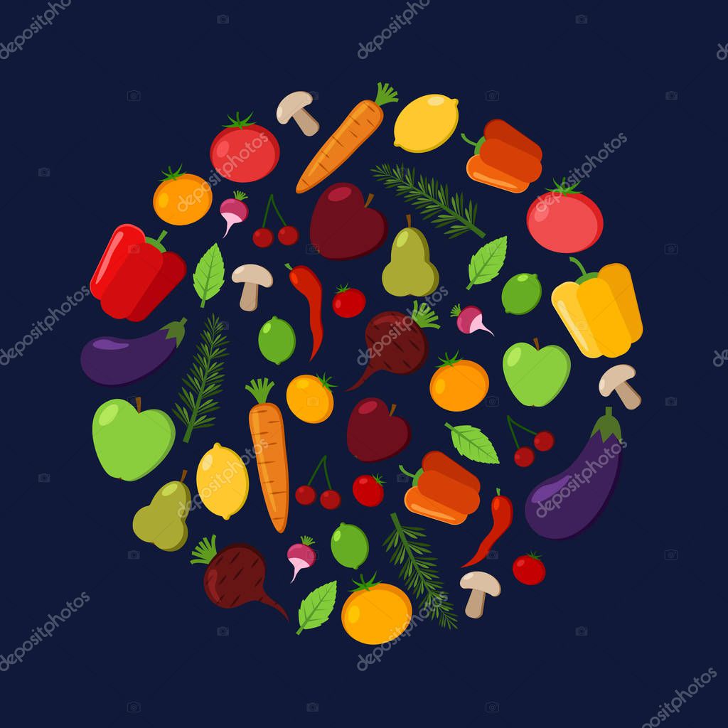 Círculo vectorial de frutas y verduras sobre un fondo oscuro ...