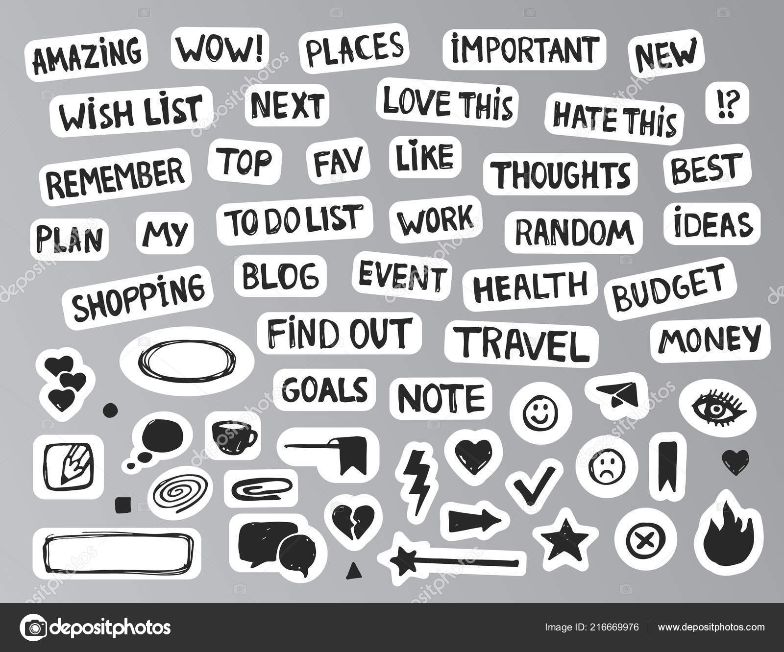 Hand Drawn Journal Stickers Collection Gray Background — Stock Vector ...