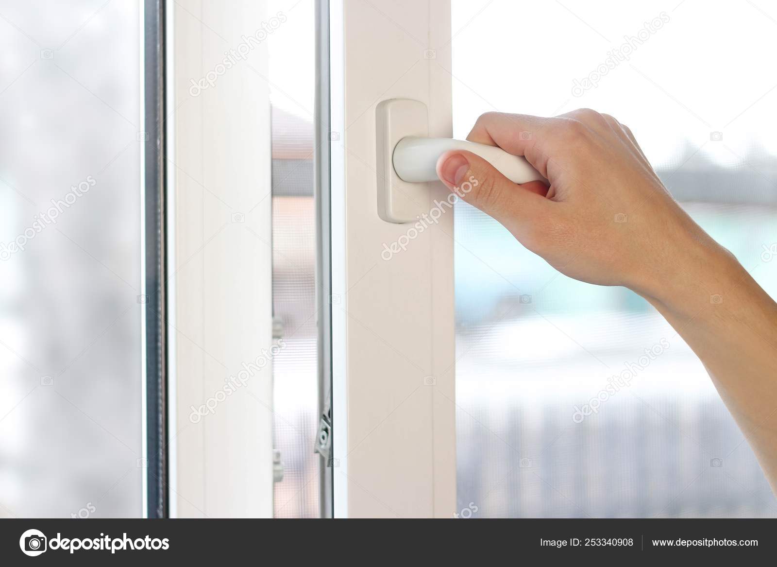 A man's hand opens a white plastic window. Close up Stock Photo by ...