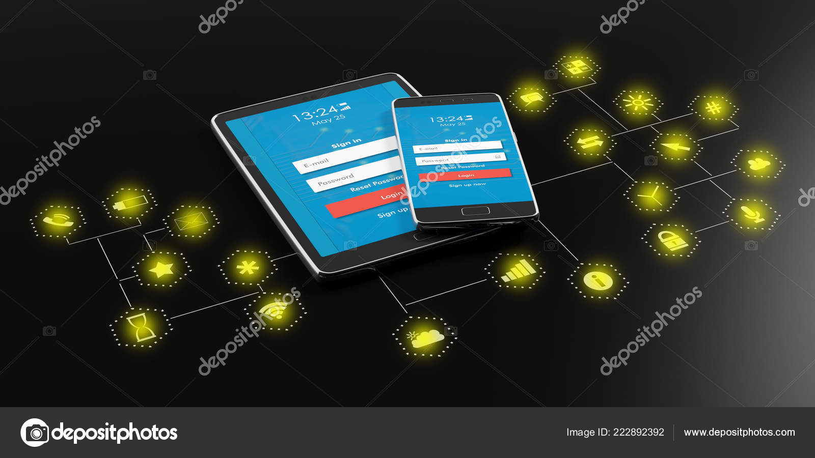 Mobile Phone Tablet Login Screens Black Background App Icons ...