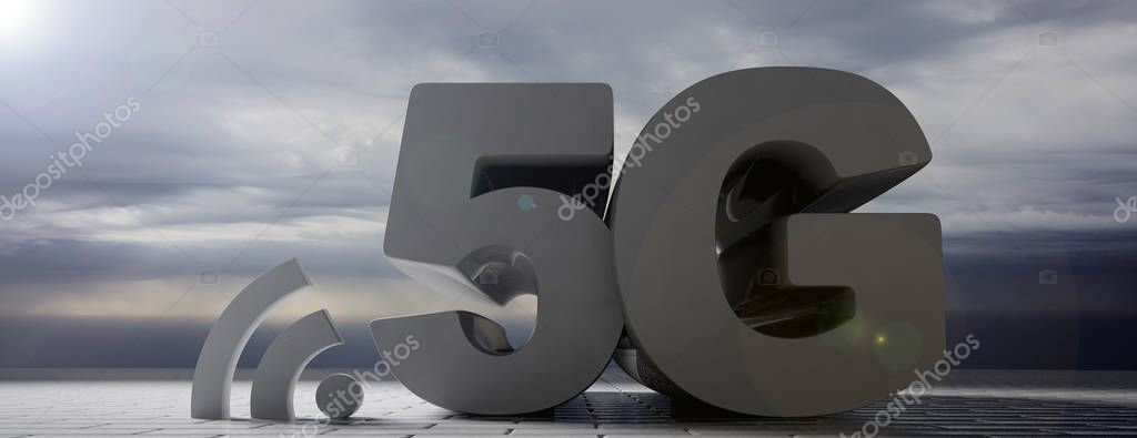 5G Conexión de red de alta velocidad wifi, texto letras grandes, contra fondo gris cielo nublado ...