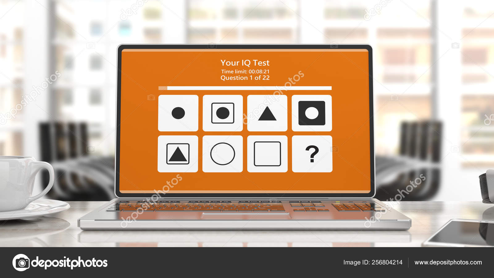 IQ test form on computer laptop screen, blur business background. 3d ...