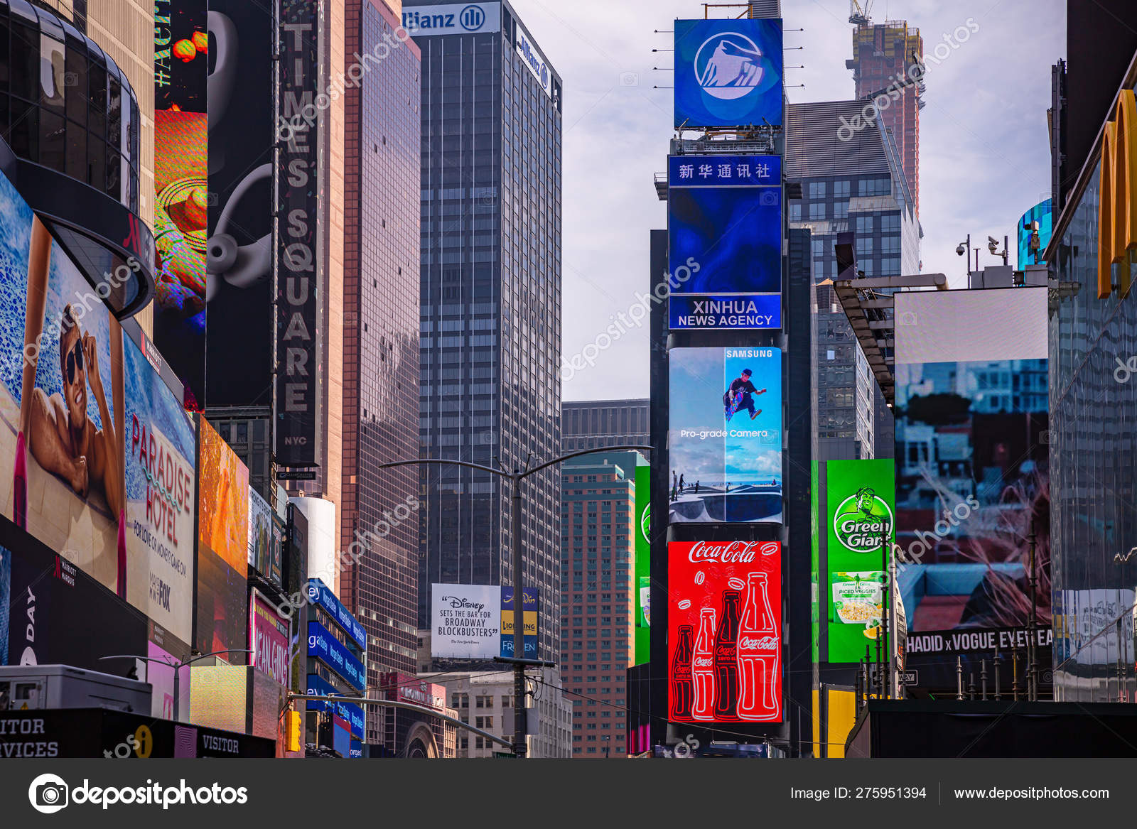 New York, Times Square. Scyscrapers, colorful neon lights and ads ...