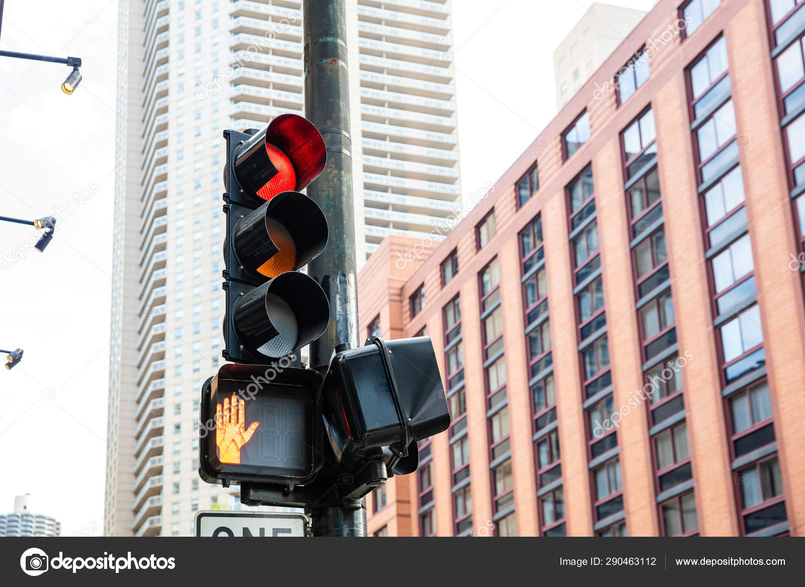 Red traffic lights for cars, office buildings background, Chicago city ...