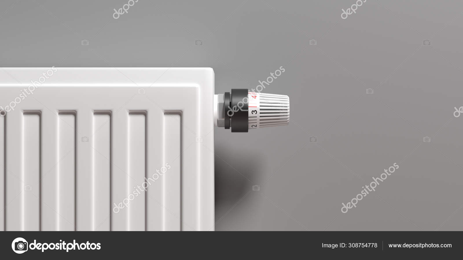 Radiator with thermostat, grey wall background. 3d illustration Stock ...