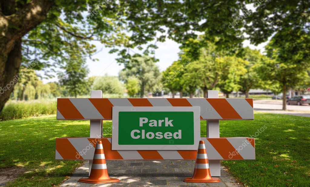 Se al de texto del parque cerrado, barreras callejeras y conos de tr ...