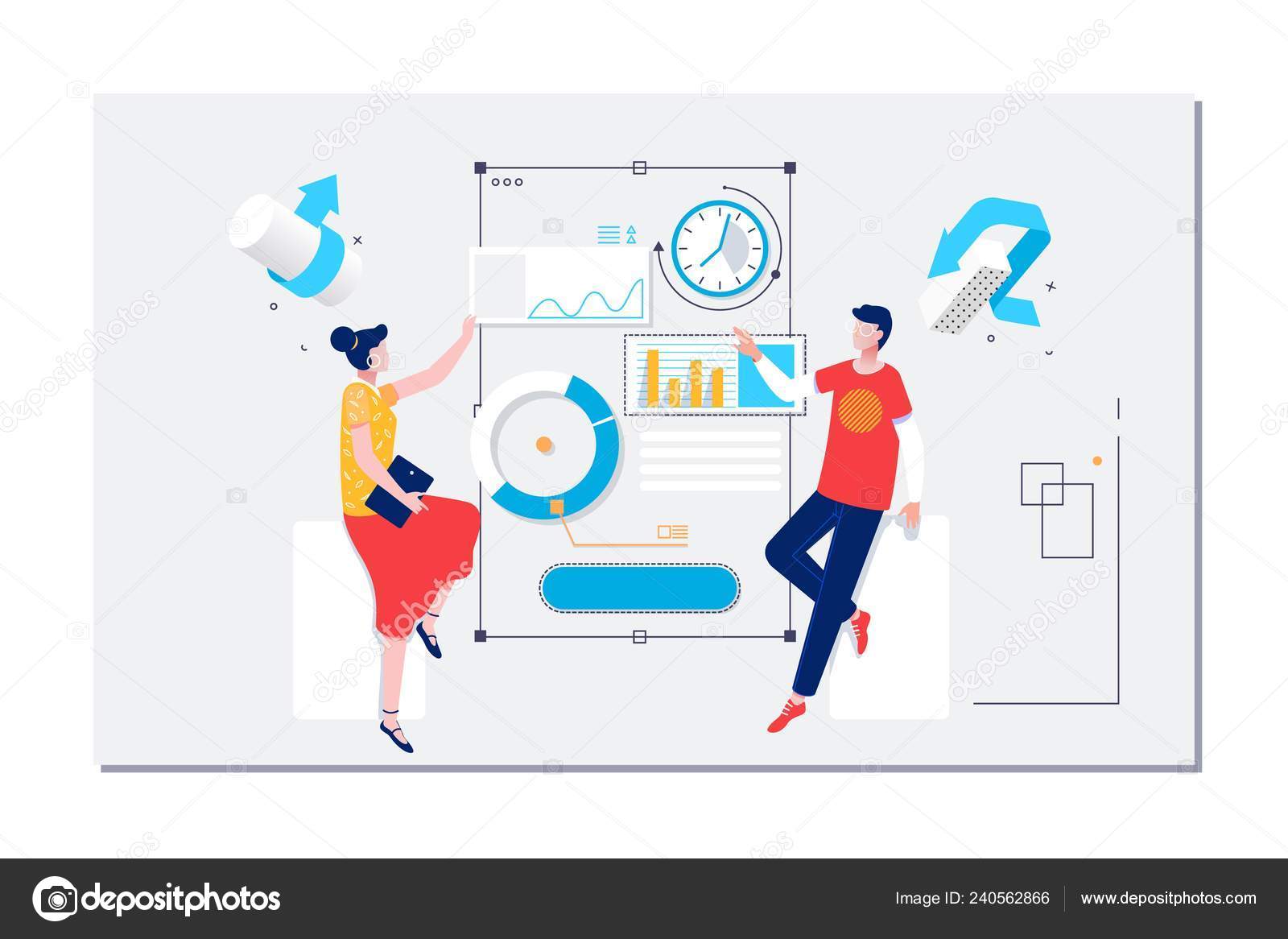 People work in a team and interact with graphs. Business, workflow ...