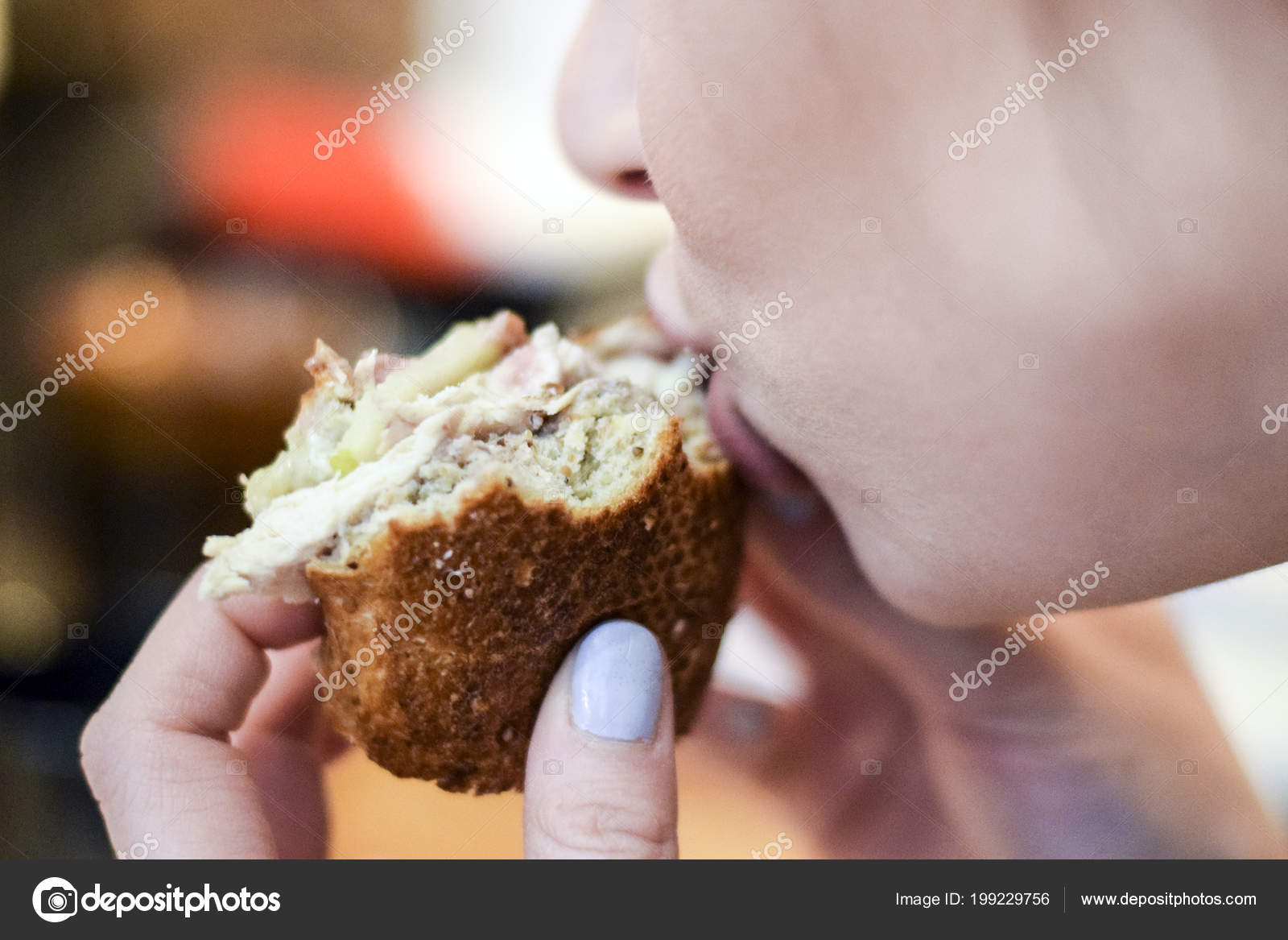 Woman Taking Bit Out Delicious Panini Sandwich — Stock Photo ...