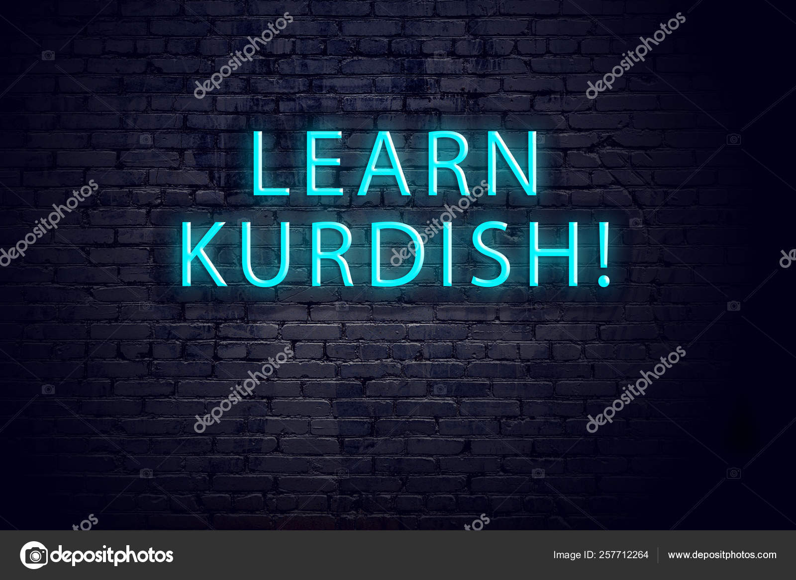 Brick wall and neon sign with inscription. Concept of learning kurdish ...