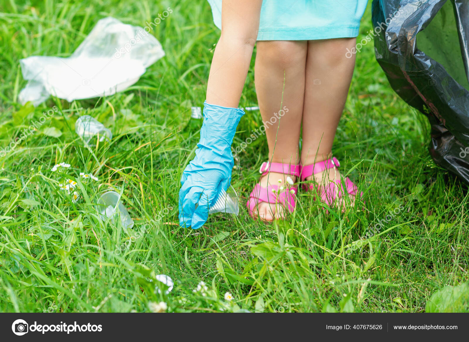 Little Girl Cleans Plastic Trash Green Grass Park Stock Photo by ... Little Girl Cleans Plastic Trash Green Grass Park Stock Photo by ...