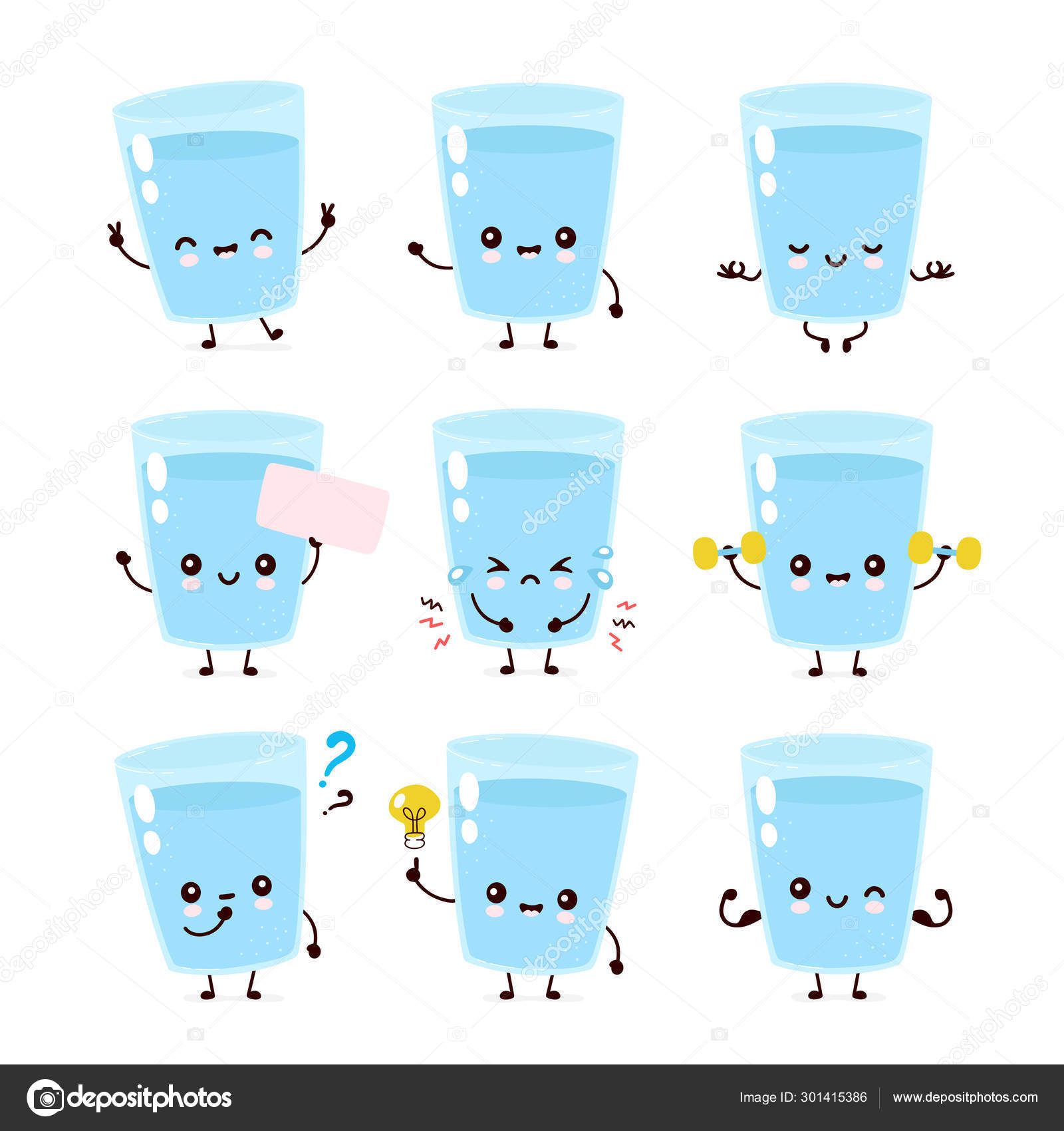 Cute smiling happy water glass set collection ⬇ Vector Image by ...