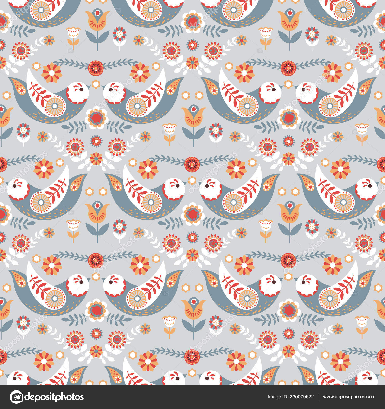Pattern Nordic Style With Flowers and Birds. Grey Background. — Stock ...