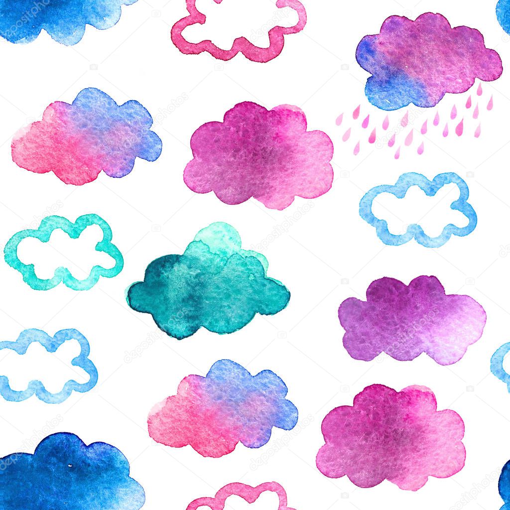 Lindas nubes de acuarela con lluvia. Patrón sin costuras con objetos de ...