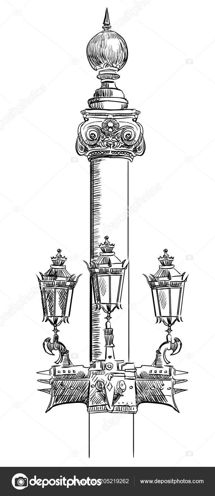 Hand Drawing Old Street Lamp Vector Monochrome Illustration Black Color ...