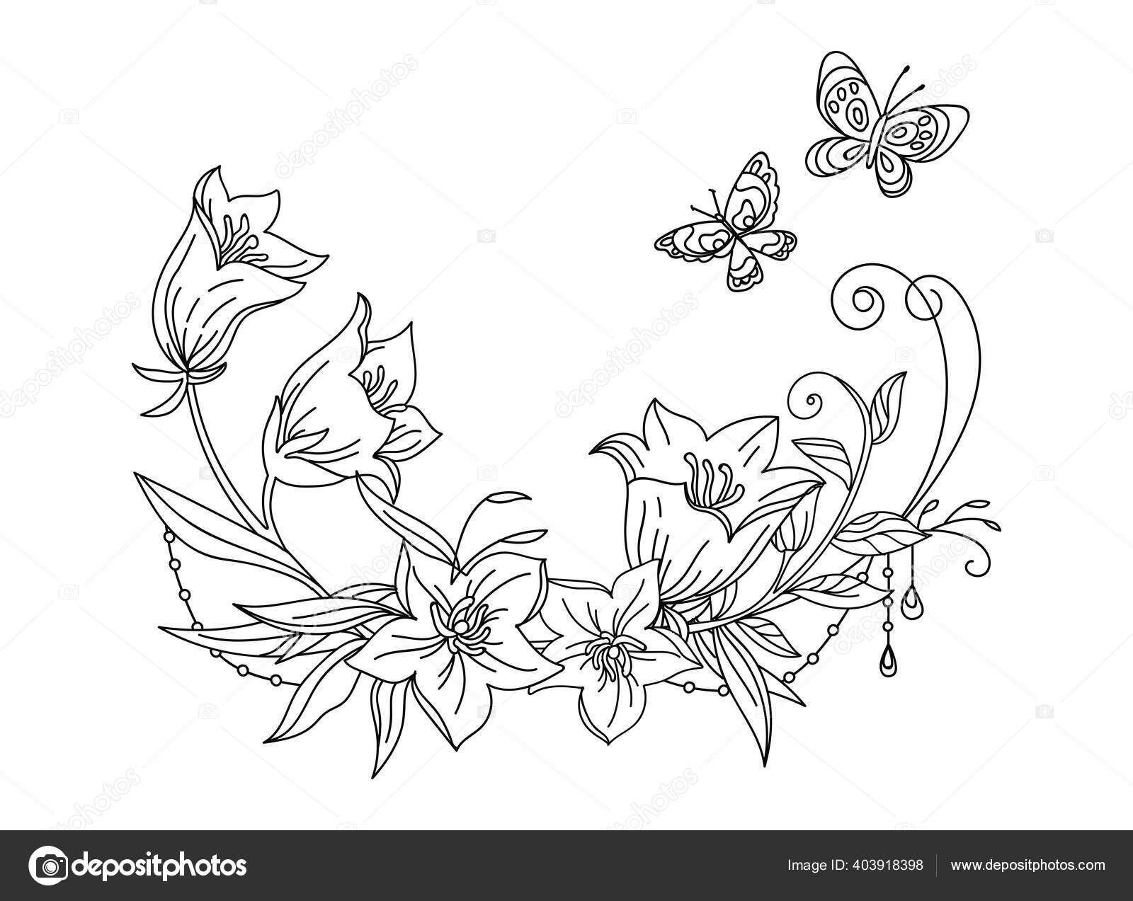 Floral Botanical Hand Drawn Line Art Bell Flowers Butterfly Composition ...