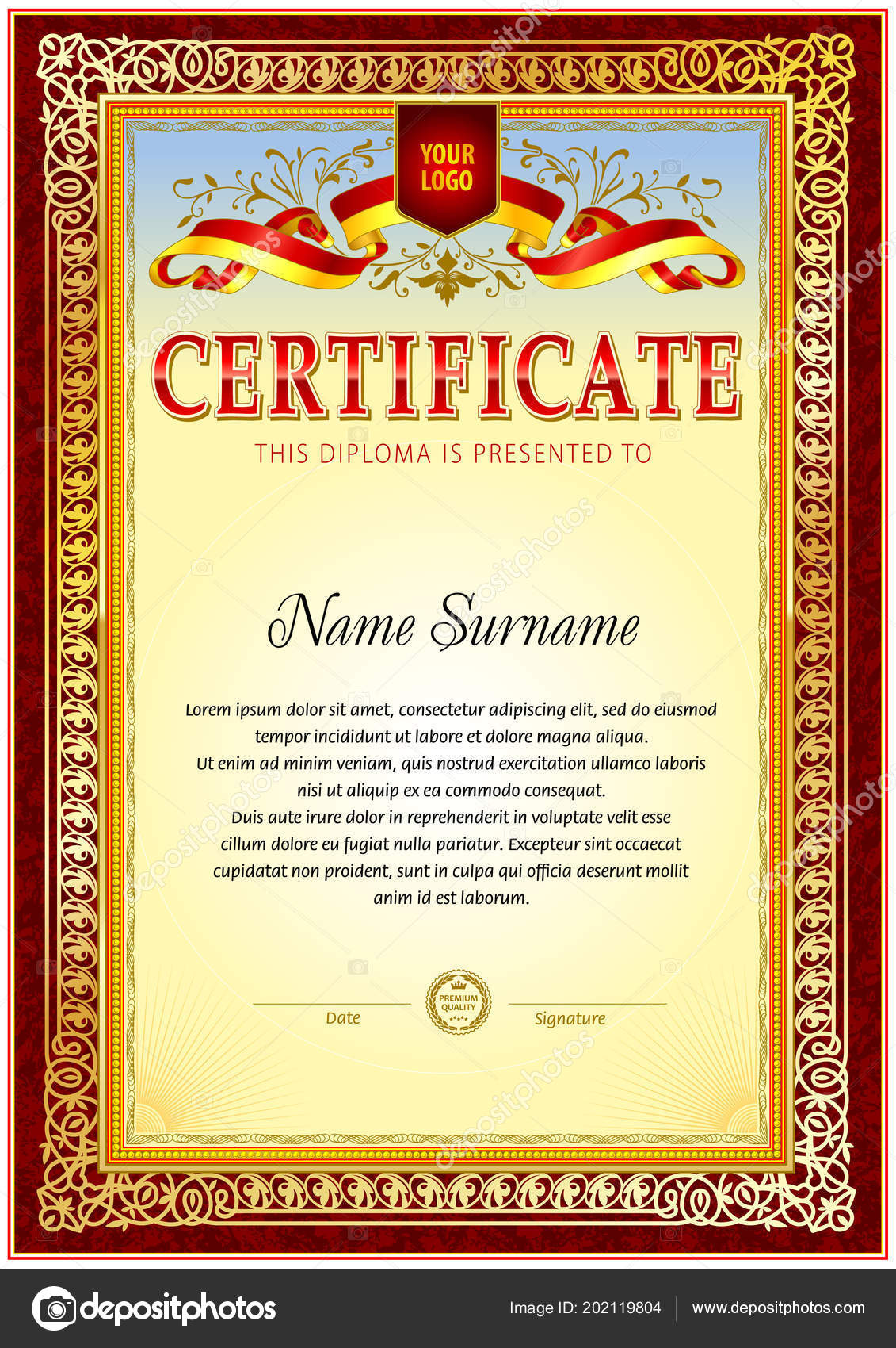 Diploma Blank Template Red Color Decoration Design Can Use Award Stock ...